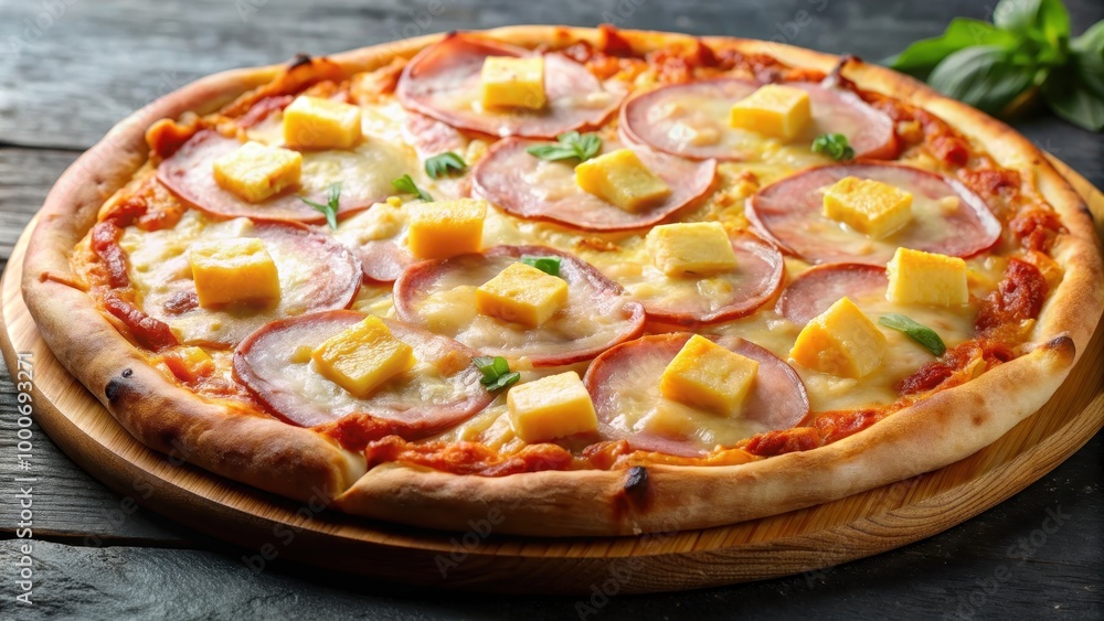 Delicious Hawaiian pizza topped with ham, pineapple, and melted cheese ...