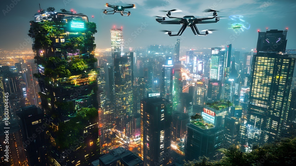 An advanced cityscape depicting high-tech buildings interconnected by ...