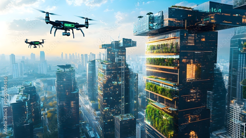 An advanced cityscape depicting high-tech buildings interconnected by ...