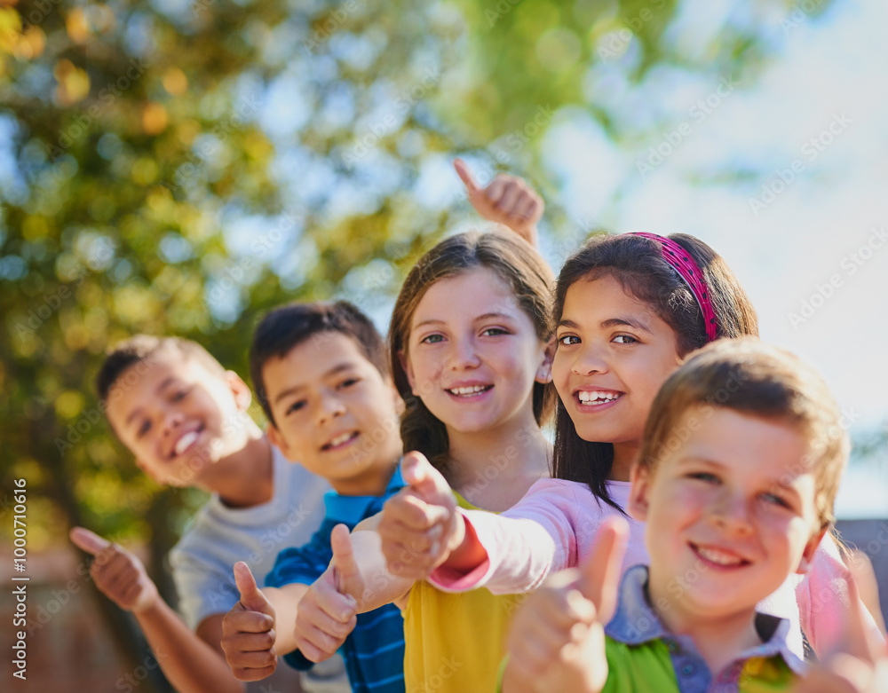 Portrait, outdoor and kids with thumbs up, thank you and happiness with ...