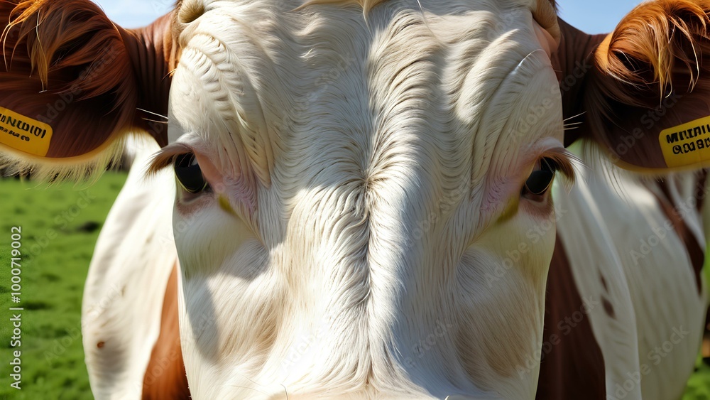 A frontal view of a cow, with its ears and face in focus. The image ...