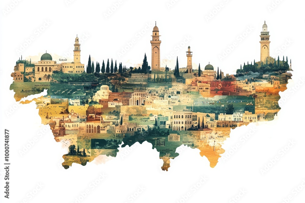 Illustrated map of Palestine, detailed representation, vibrant colors ...