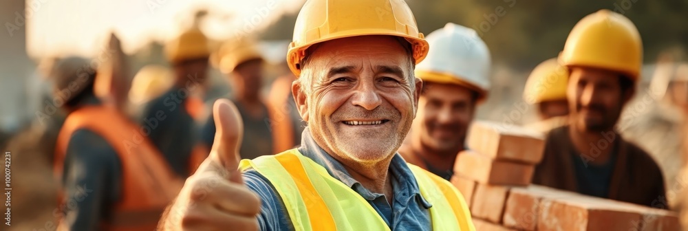 Cheerful elderly construction worker, yellow hard hat, reflective ...