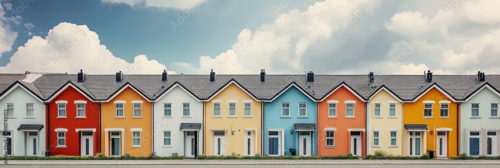 Colorful row houses, vibrant townhomes, seaside architecture, uniform ...