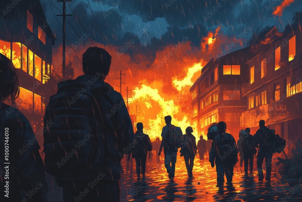 Evacuation Scene, vibrant illustration depicting people in a chaotic ...