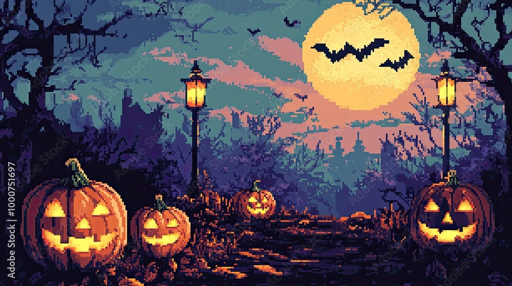 Pixelated Halloween-themed background with pixel art jack-o-lanterns ...