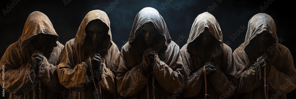 Dark hooded figures, ghostly faces, eerie glow, spectral apparitions ...