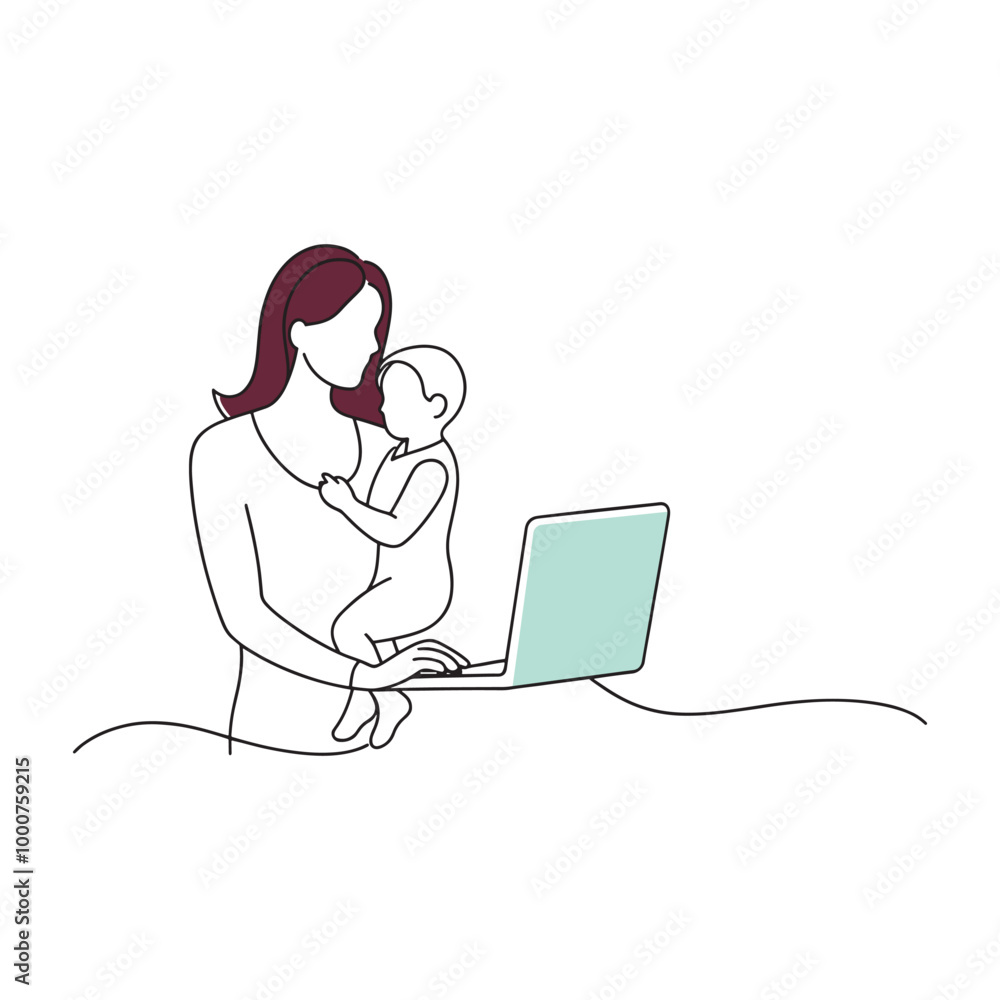 Woman cradles a baby in one arm while using a laptop with the other ...