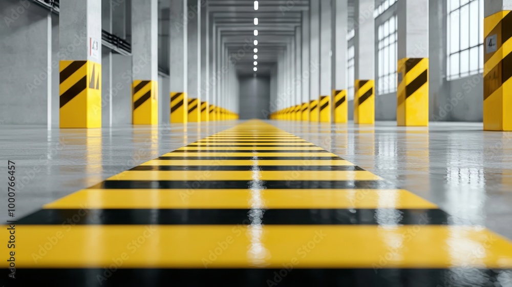 Minimalist factory layout with yellowblack stripes marking hazards and ...