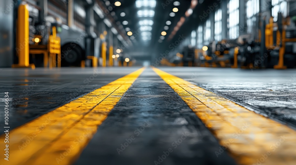 Spacious factory with yellow and black pathways for safety, guiding to ...