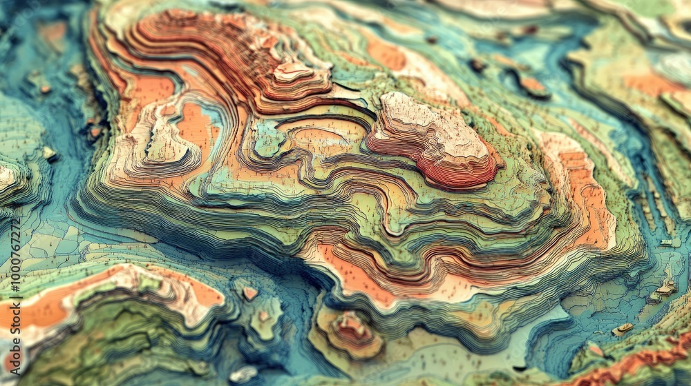 GIS map featuring a detailed layered terrain model with visible contour ...