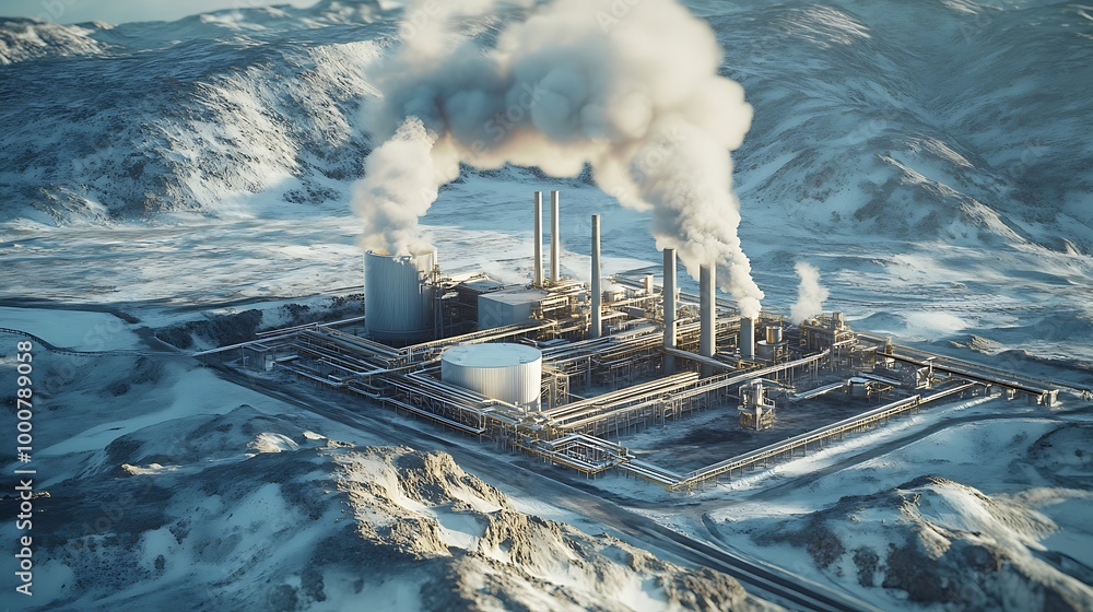 A 3D model of a geothermal energy plant, illustrating heat flow from ...