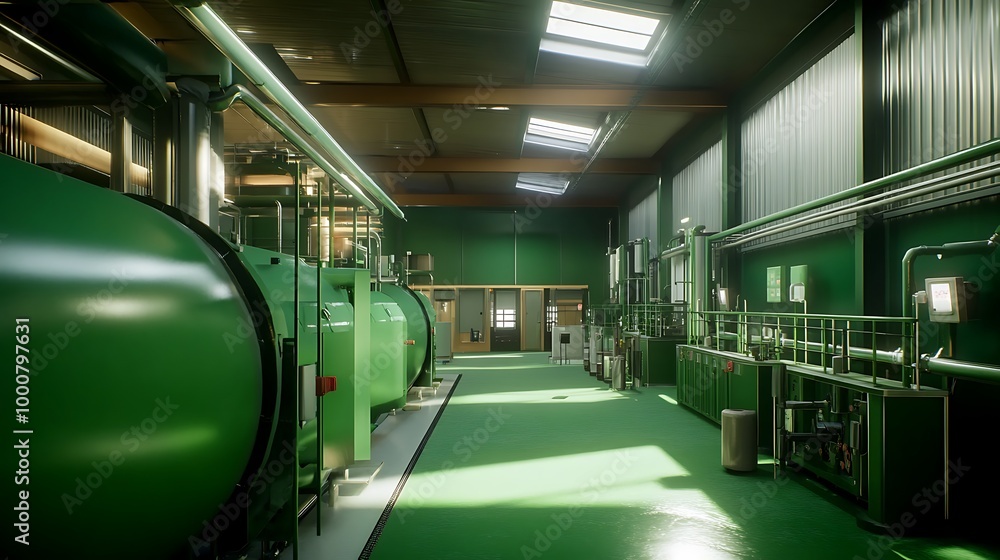 Biogas Plant Simulation with Waste Processing A detailed simulation of a biogas plant, showing ...