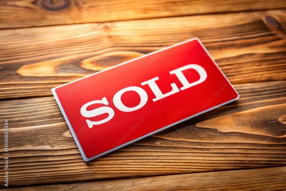 Bright Red Sold Sticker with Bold White Text on a Wooden Background for ...