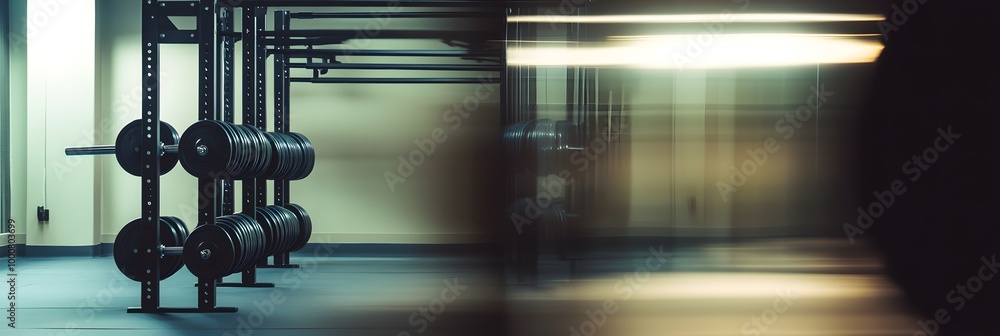 blurred image of an empty squat rack with weight plates stacked neatly ...