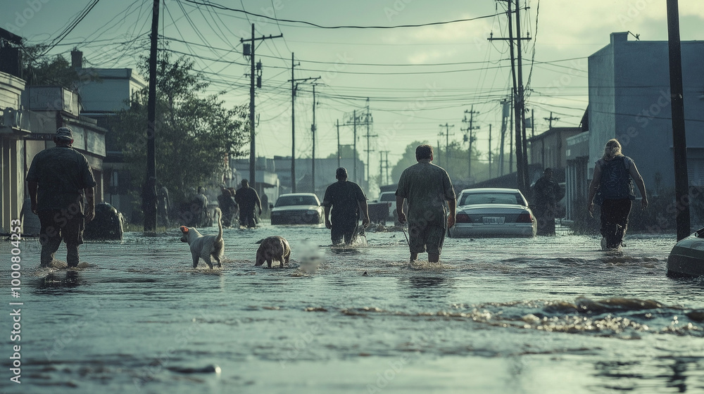 A disaster and flood scene where people are suffering from shortages ...