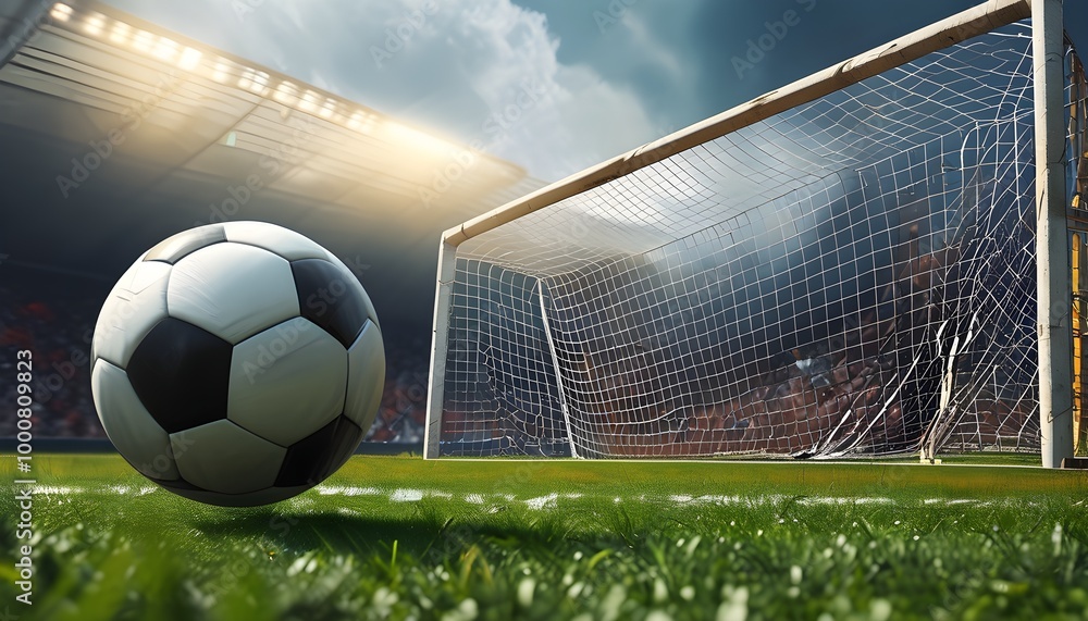 Soccer ball soaring into the goal with a dynamic football field ...