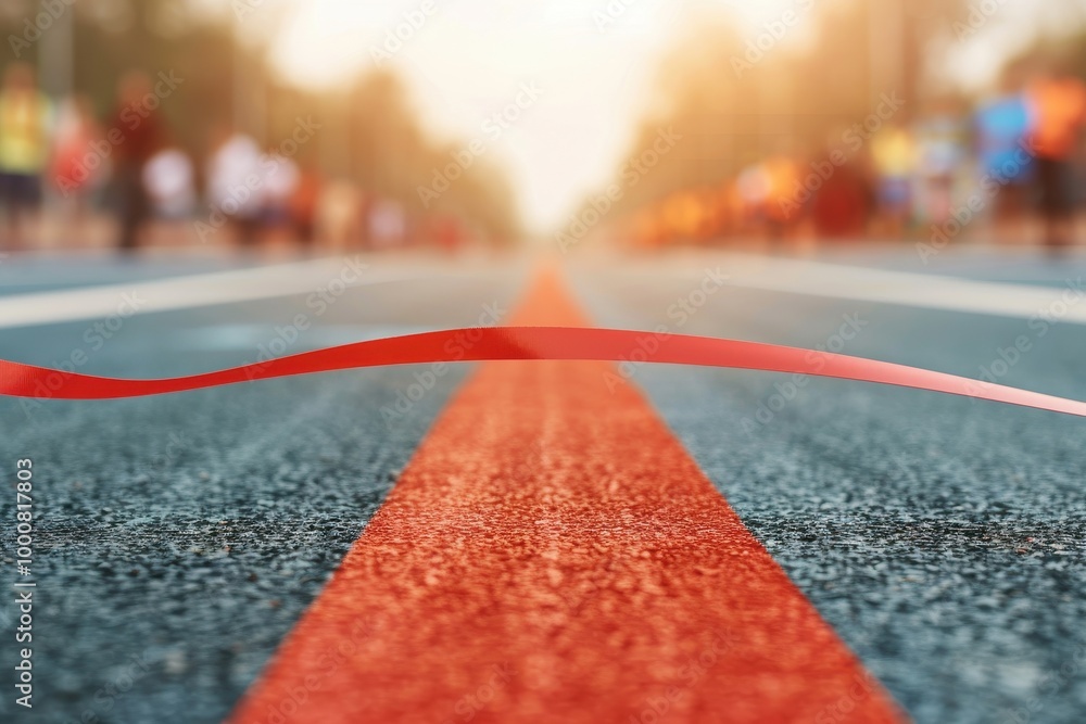 Close-up of a red ribbon marking the finish line on a race track, with ...