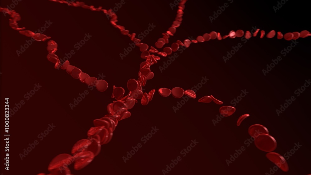 A close-up 3D visualization of red blood cells moving through veins ...