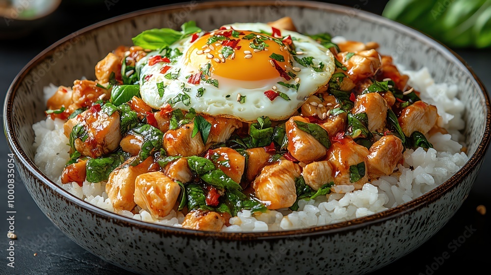 Rice bowl topped with stirfried chicken, basil, and a fried egg, dark ...