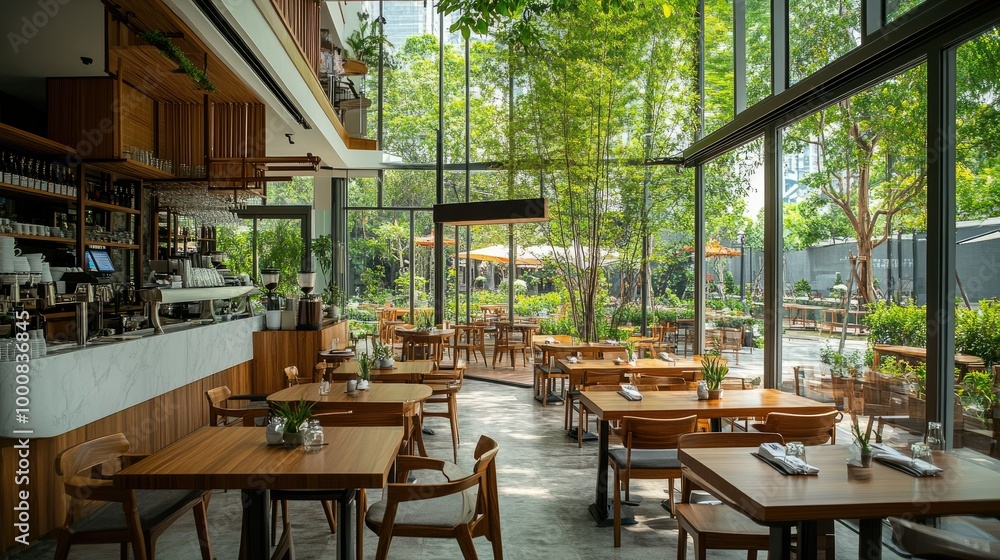 Chic cafe with white and green tones, brown wooden tables, and trees ...