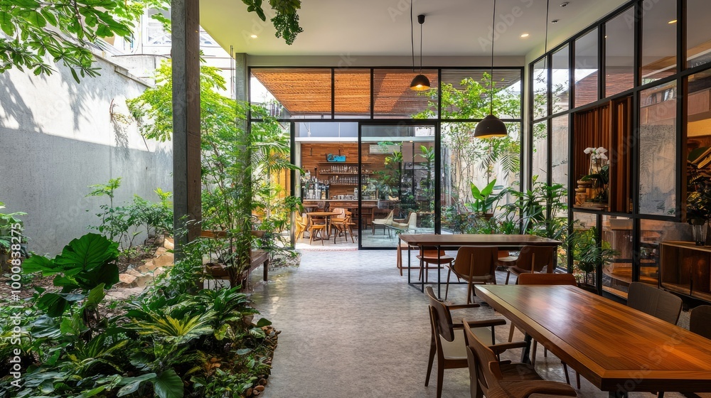Nature-inspired cafe with brown wooden furniture, lush green plants ...