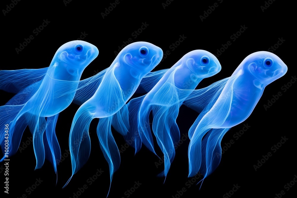 Group of blue ghosts are walking down a path. They are all smiling. A ...