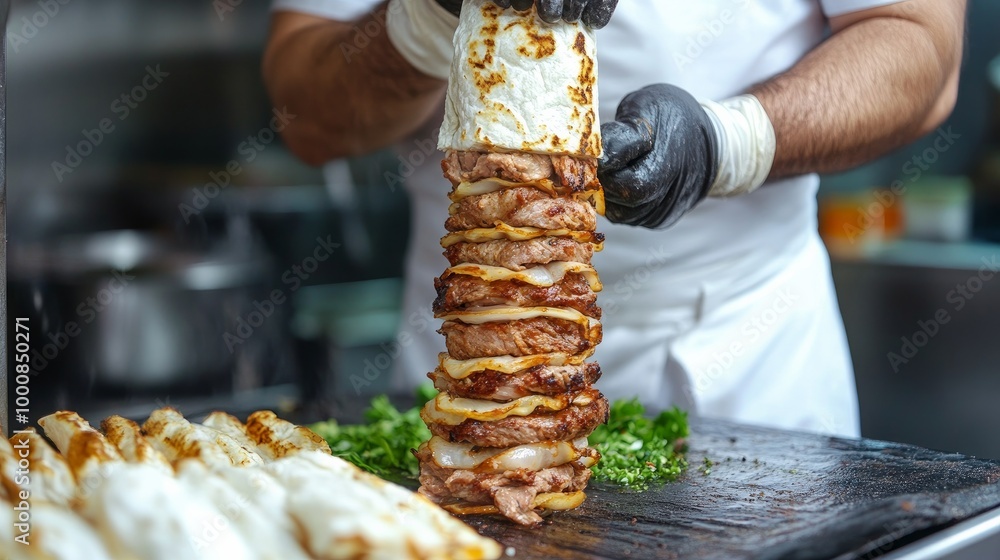 Chef chopping and prepping meat for a traditional Turkish doner kebab ...