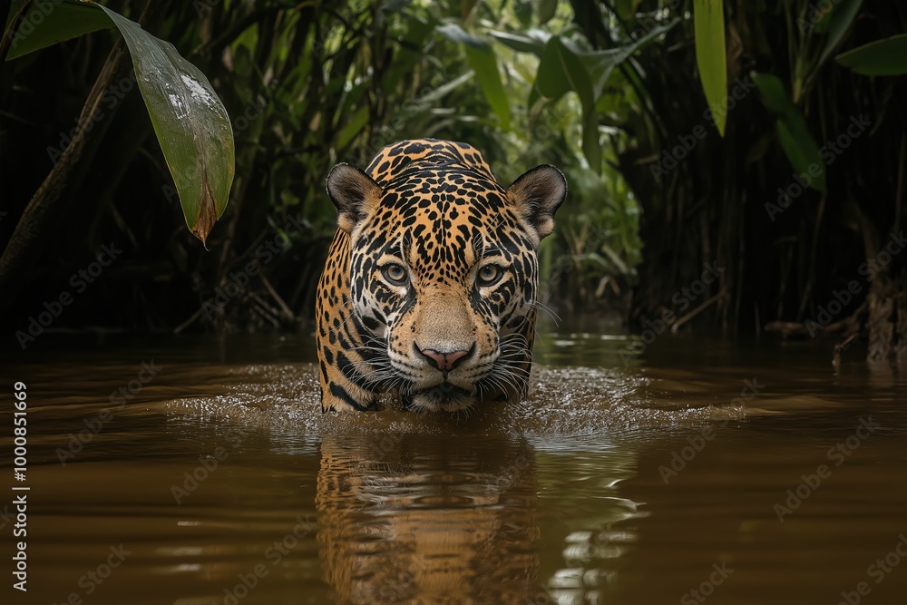 Jaguar wading through tropical river. Natural behavior and critical ...