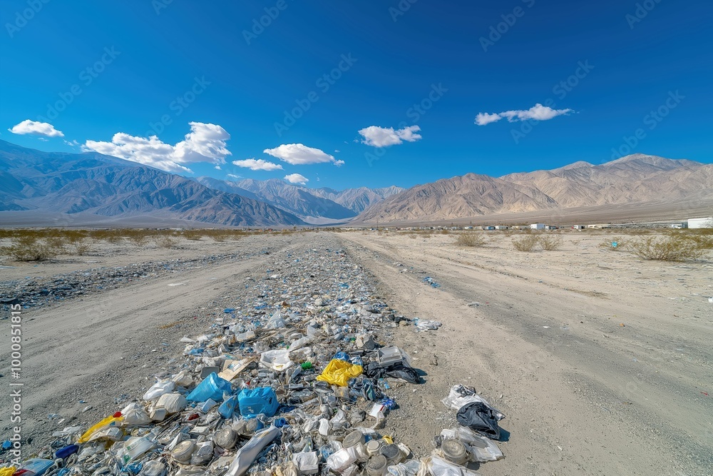 Plastic pollution in pristine desert landscape. Environmental ...