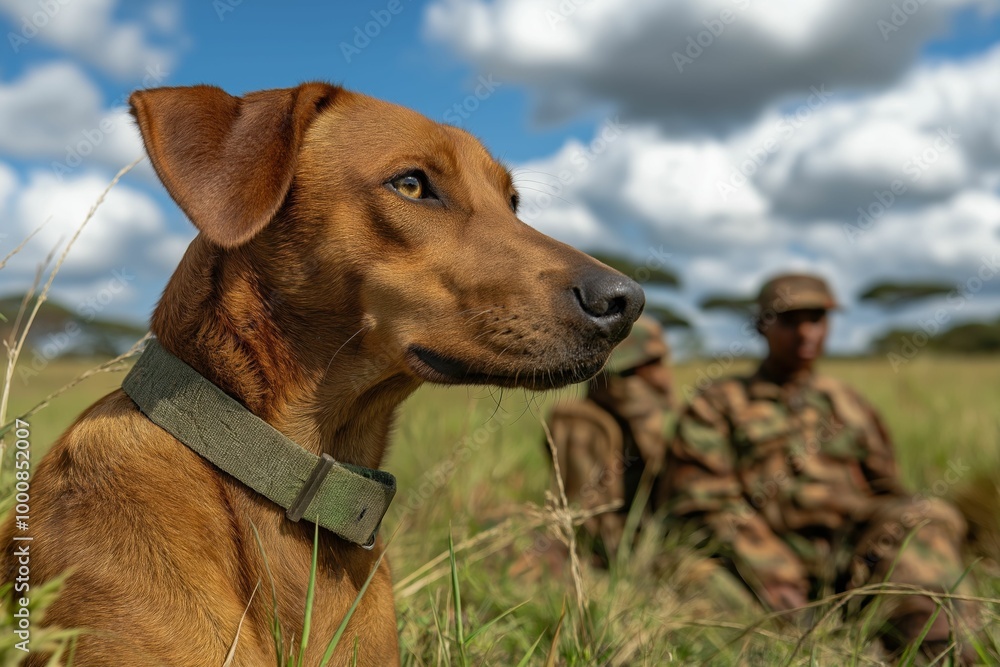 Vigilant wildlife protection dog and ranger patrolling African savanna ...