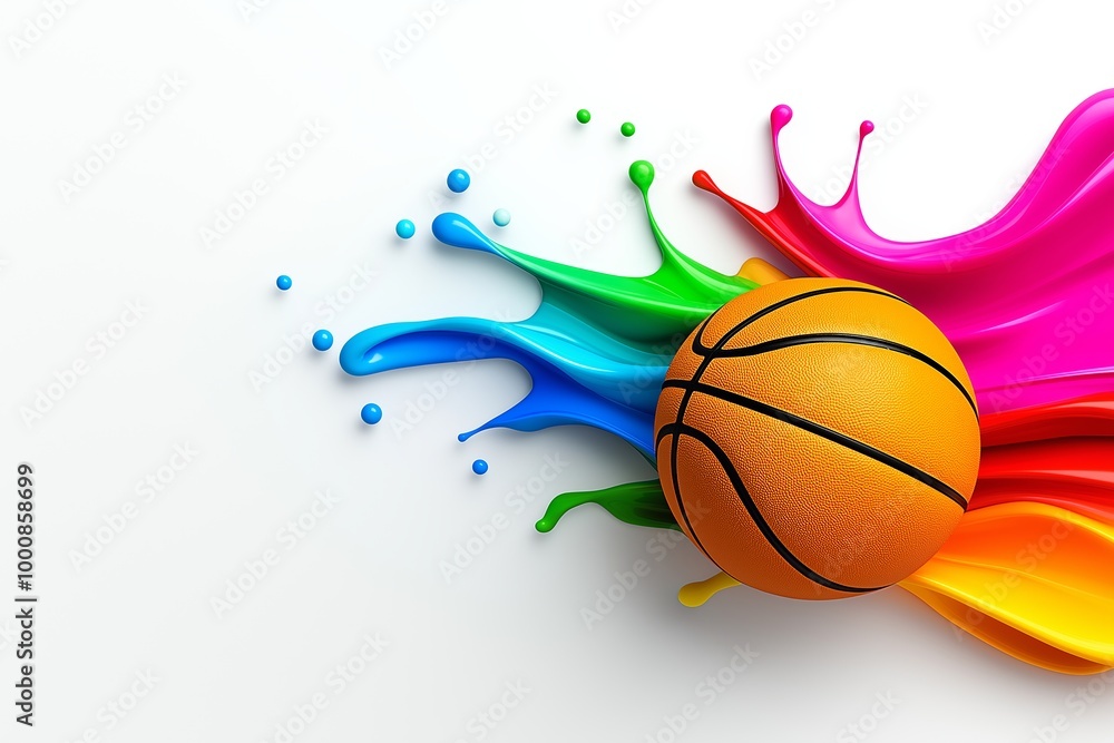 Basketball is sitting on top of a splash of paint. The splash is ...