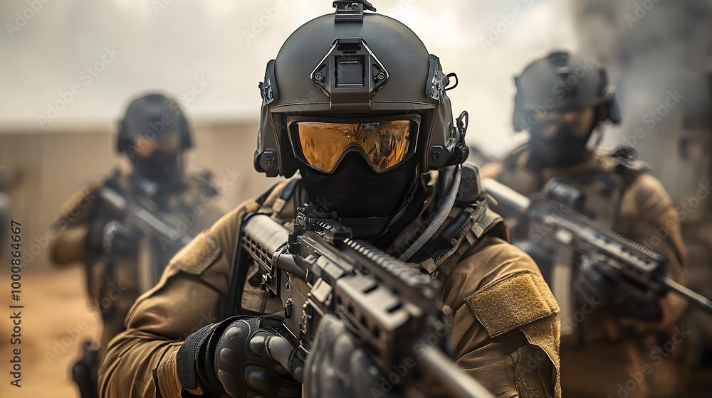 Group of elite special forces soldier equipped with battle armor and an ...