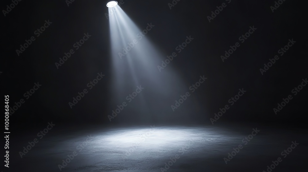 A single spotlight illuminates a dark stage, with a beam of light ...