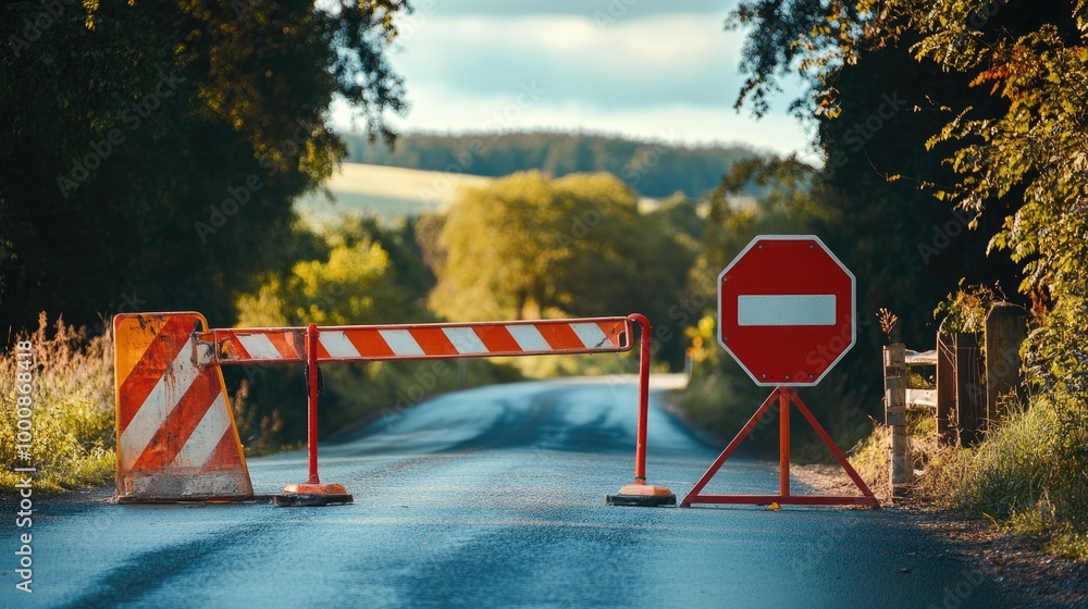 Road closed off by a large red stop sign and warning barriers ...