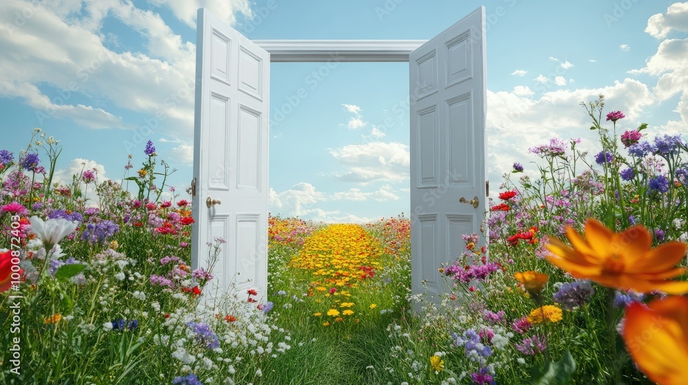White doors opening into a vibrant field of spring flowers ...