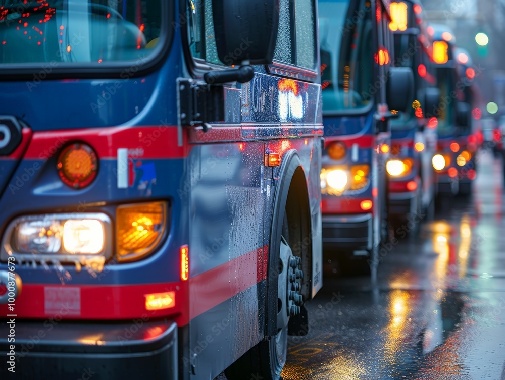 Blue public buses lined up in urban setting, with their sleek designs ...