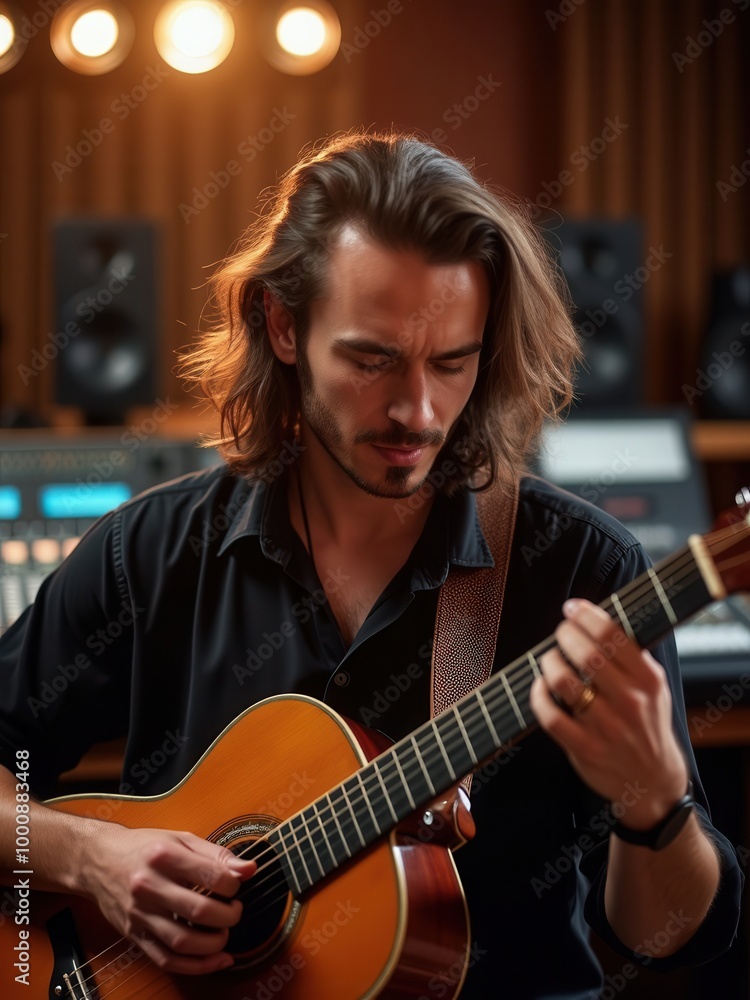 In a recording studio filled with audio equipment, a long-haired ...