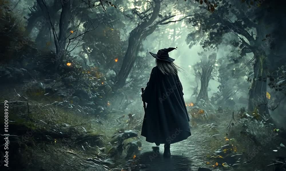 A mysterious witch walks through a dark forest, her cloak flowing ...