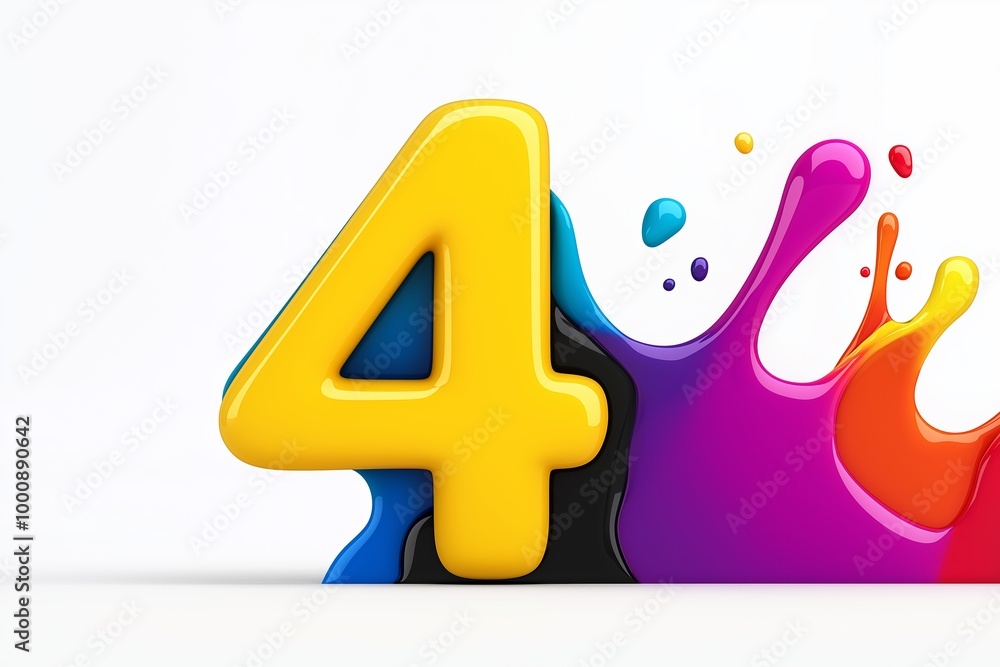 The number 4 is in red and yellow. It is surrounded by a splash of ...