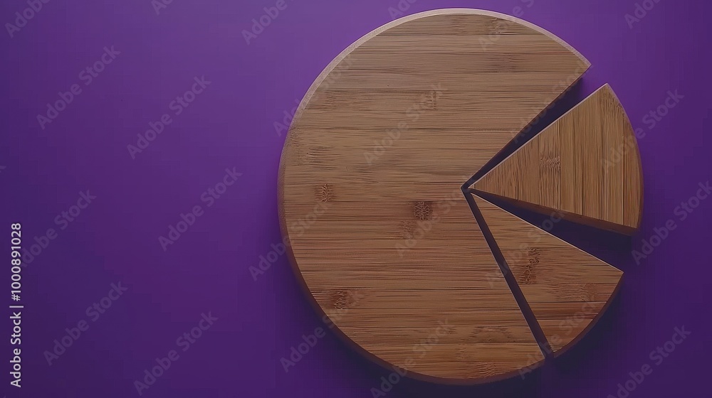 Wooden pie chart on a purple background with one slice missing ...