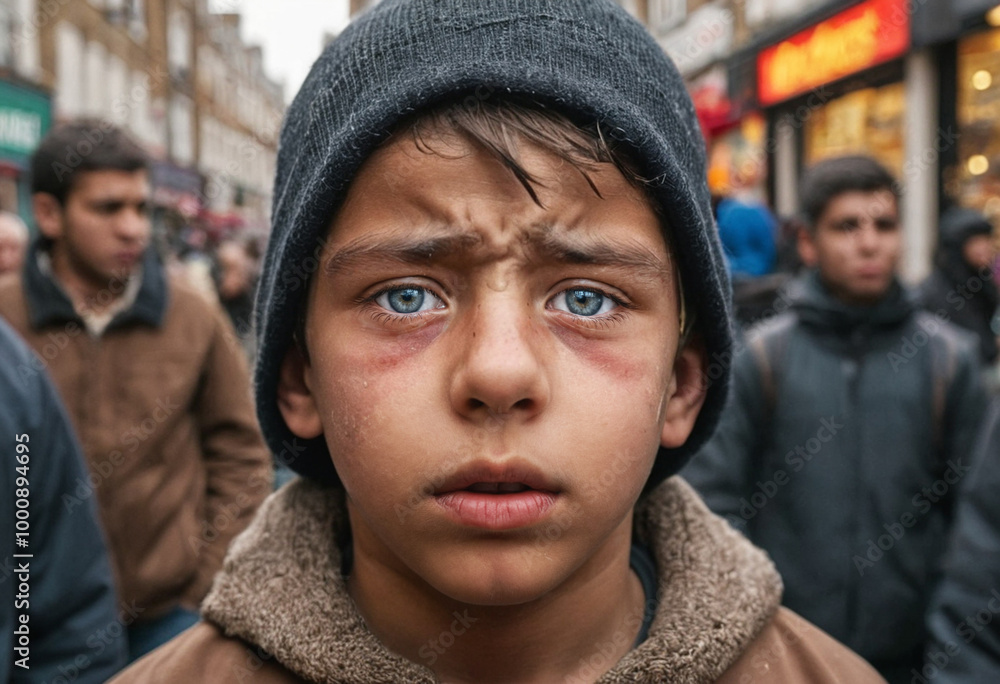 toddler a kid a boy, walk through a narrow shopping street with tears ...