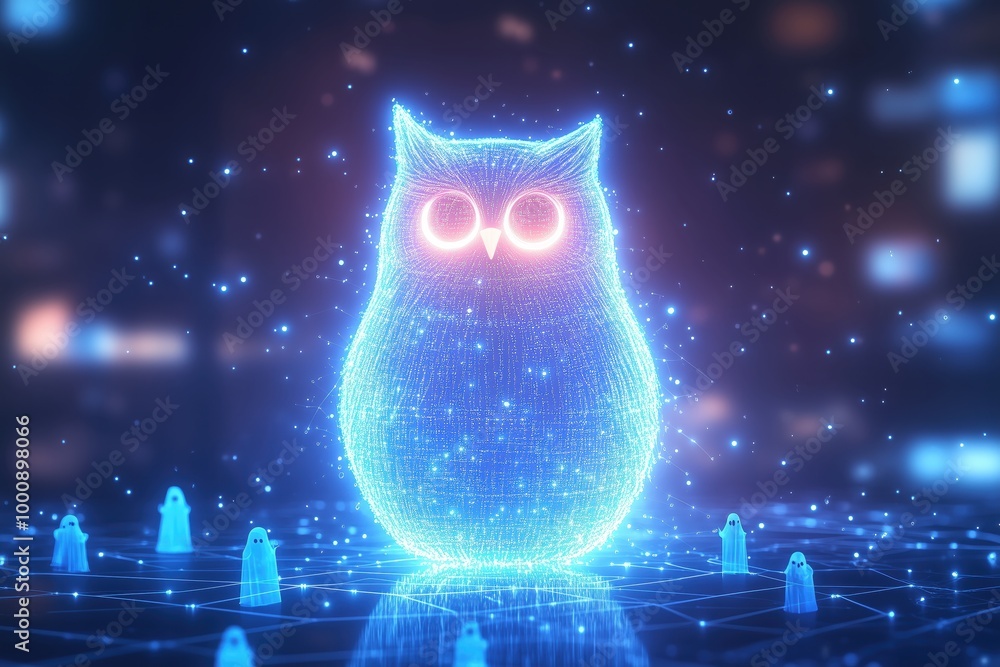Neon Owl: A mesmerizing digital art creation, a glowing blue owl stands ...