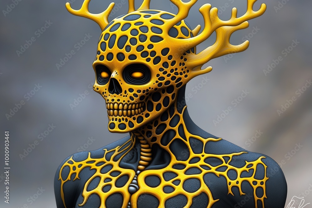 Man with a skull on his head and a tree on his head. The tree is yellow ...