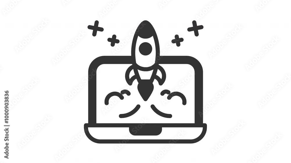 Animated startup with laptop screen with rocket launching and stars ...