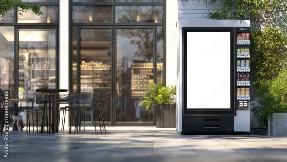 modern black vending machine with blank white screen mockup next to ...