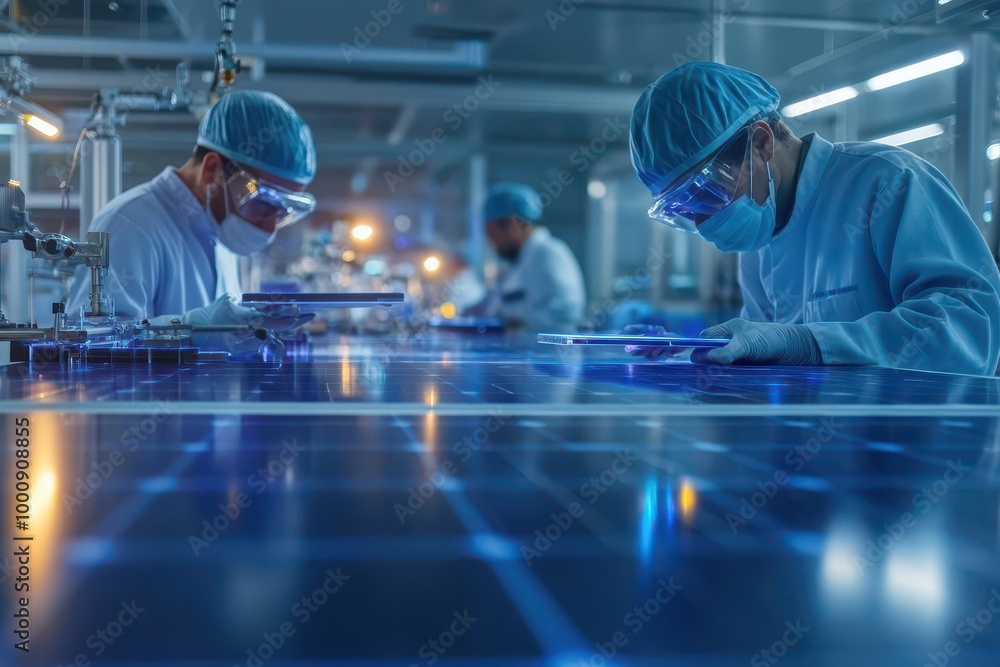 Photo & Art Print Solar panel production process in a cleanroom environment, with engineers inspec