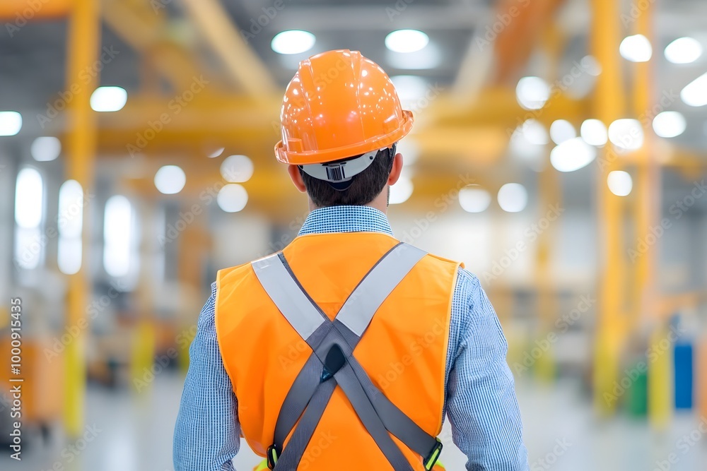 Warehouse worker wearing a safety harness closely inspecting the ...