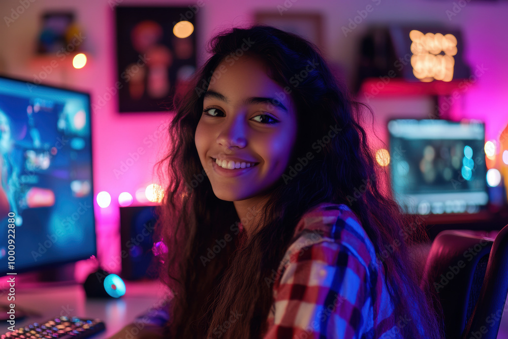 Smiling Girl Enjoying Video Games in Colorful Gaming Setup, A cheerful ...
