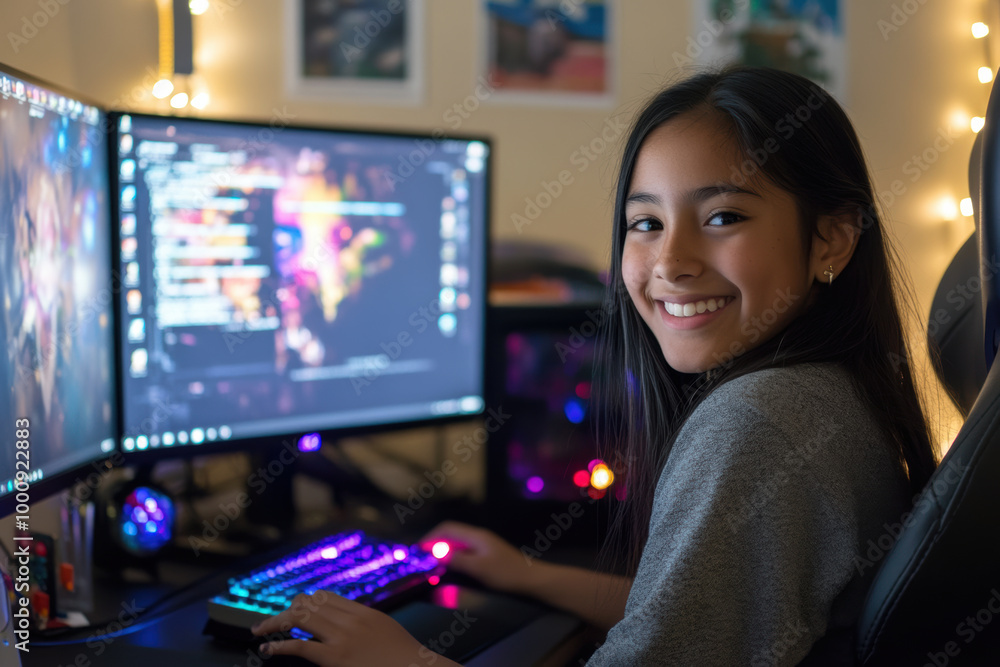 Smiling Girl Enjoying PC Gaming with Dual Monitor Setup, A happy young girl playing video games ...